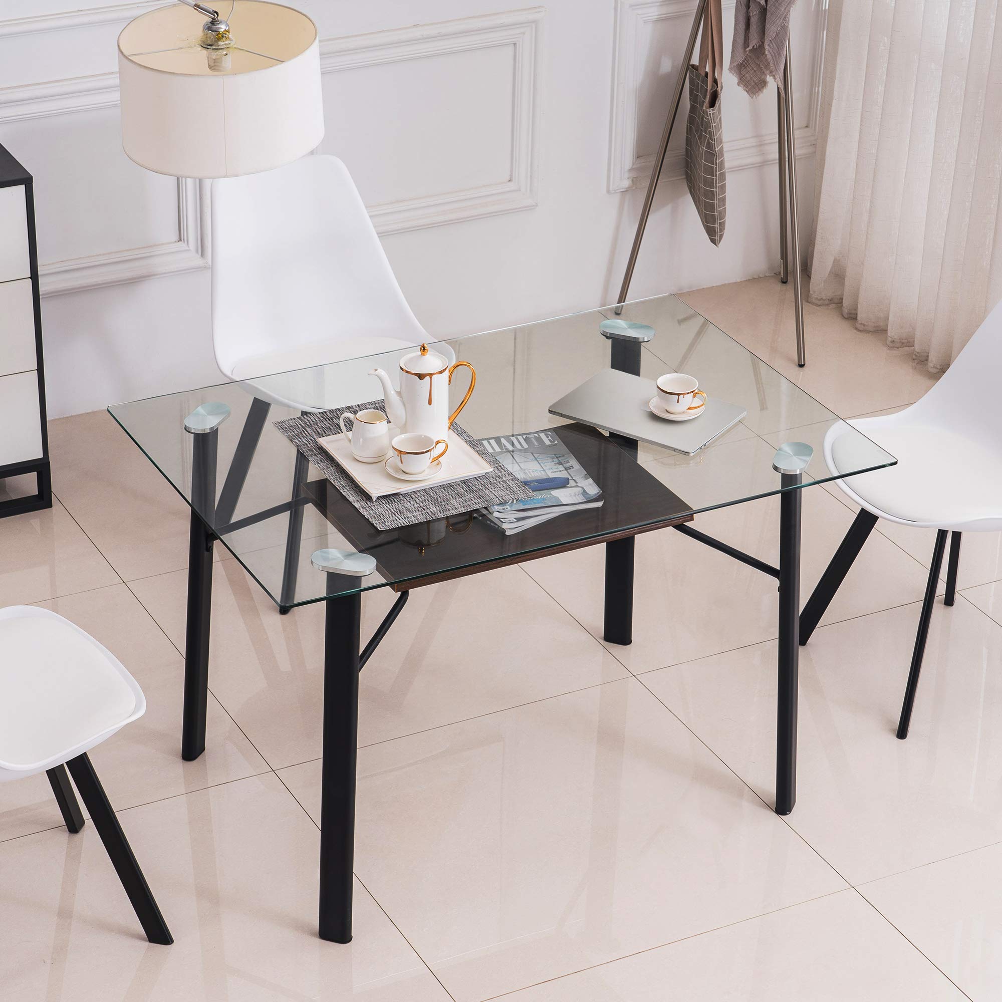 Ivinta Modern Glass Dining Table Kitchen Table for 4/6 Rectangular Dinner Table 2-Tier Mid-Century Leisure Desk with Storage Shelf for Home Office Living Room Kitchen 31 x 47 inch