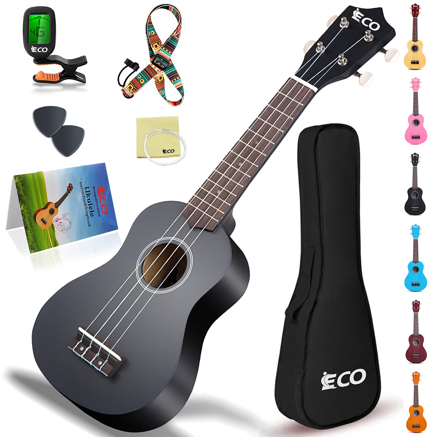 iECO Soprano Ukulele Beginner Kit for Kids Adults 21 Inch Ukelele w/Case Strap Tuner Strings Picks (Pink)