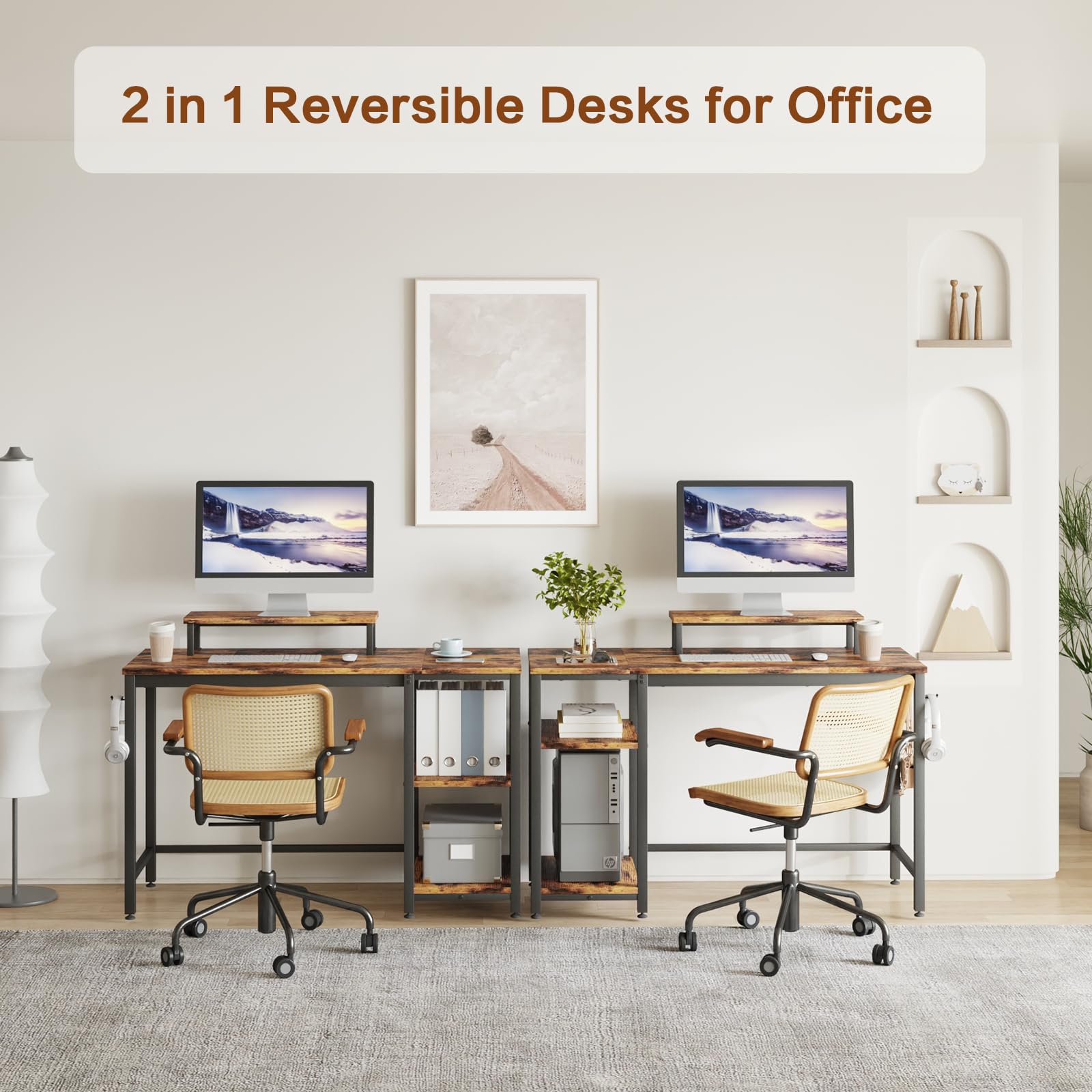 HEEYUE Computer Desk, Industrial Writing Desk with 2-Layer Storage Shelves and Headphone Hook, PC Laptop Table with Monitor Stand,Gaming Desk for Home Office (Rustic Brown)