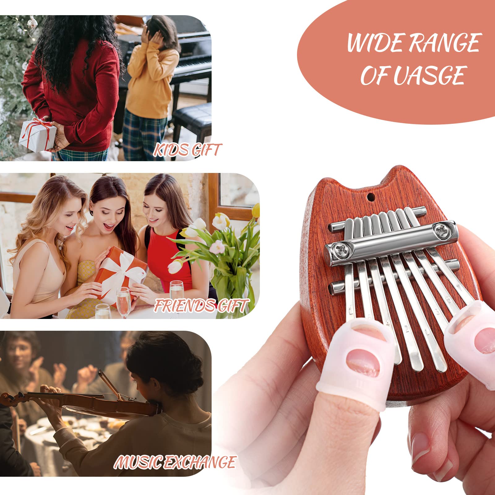 Konohan 24 Pcs 8 Keys Mini Kalimba Piano Set, Include 4 Mini Exquisite Finger Thumb Piano 4 Lanyard 4 Chains 8 Finger Protector 4 Cleaning Cloth for Kids Adults Beginners Gift (Cartoon Style)