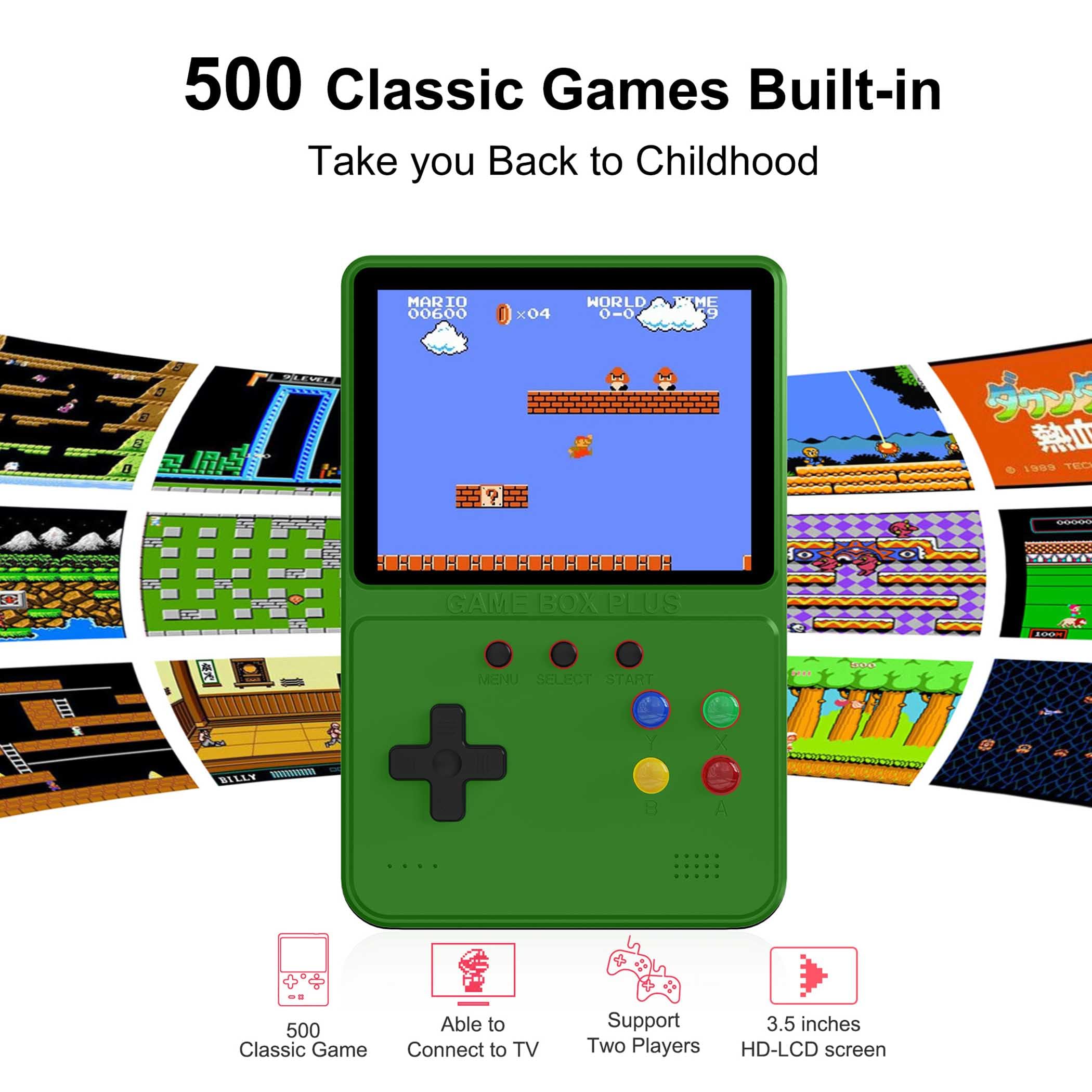 Heiko Retro Portable Handheld Game Console to Experience 500 Classic Games Anytime Anywhere, 3.5In Screen Video Game Console 1200mAh, Handheld Video Game Support for Connecting TV & Two Players(Green)
