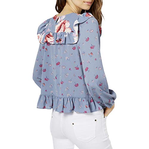 Jill Stuart Womens Floral Print Ruffled Pullover Top Blue XS