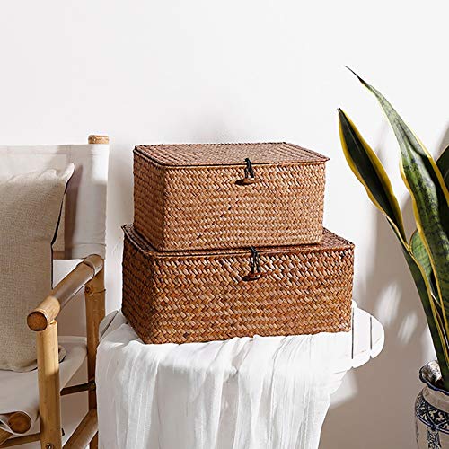 Jaquiain Woven Straw Storage Bins with Lid - 4 - Rectangular Seagrass Basket/Storage Basket for Shelf Organizer