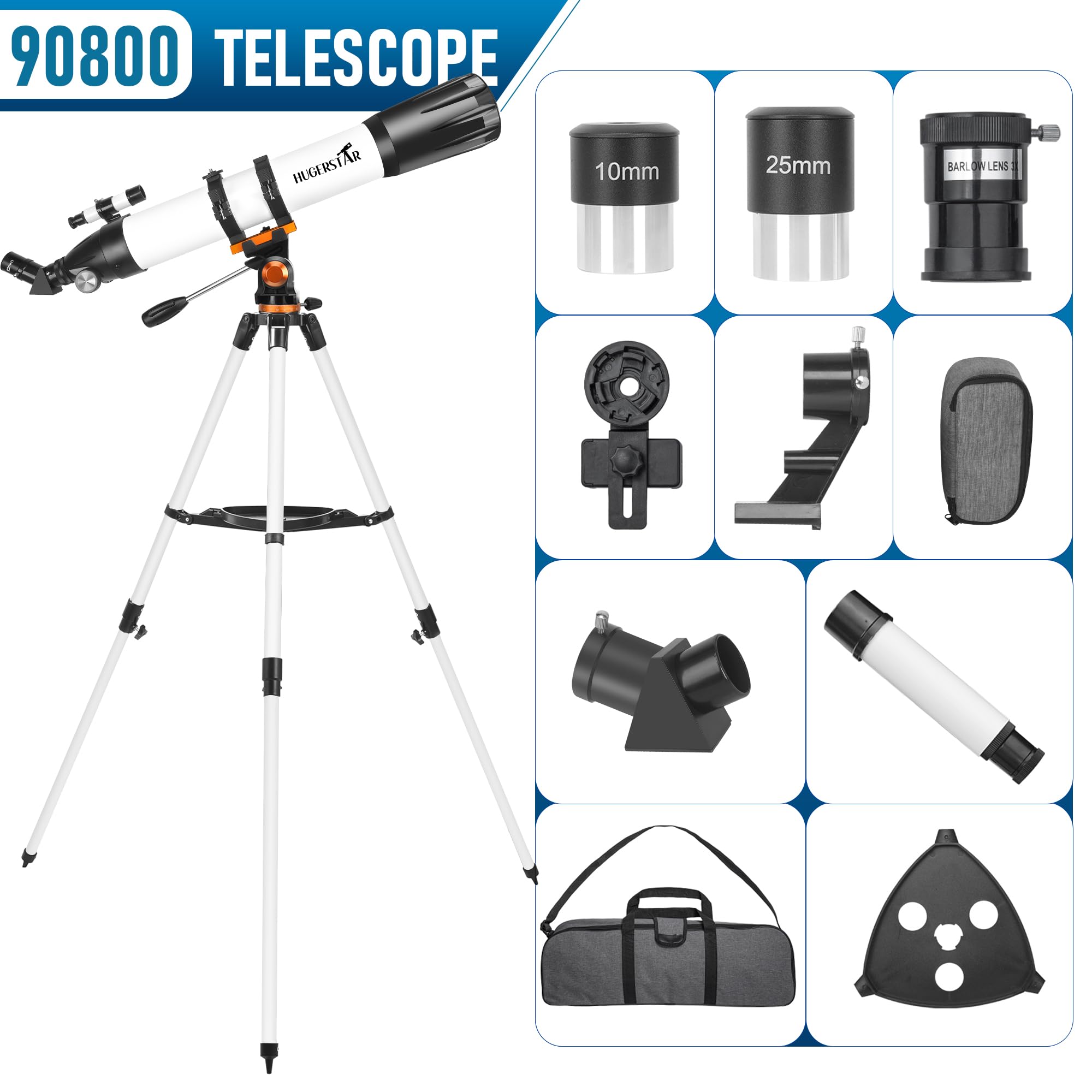 HUGERSTAR Telescope, 90mm Telescopes for Adults Astronomy & Kids & Beginners, 800mm Refracting Telescope Fully Multi-Coated High Transmission Coatings with Phone Mount, Observe The Moon and Stars