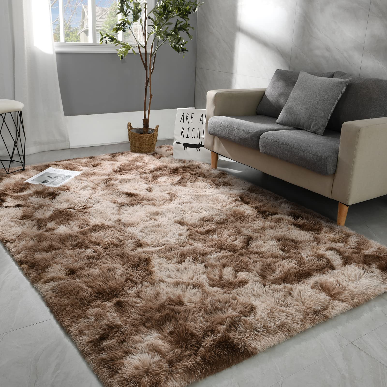 Hutha 5x8 Large Area Rugs for Living Room, Super Soft Fluffy Modern Bedroom Rug, Tie-Dyed Brown Indoor Shag Fuzzy Carpets for Girls Kids Nursery Room Home Decor