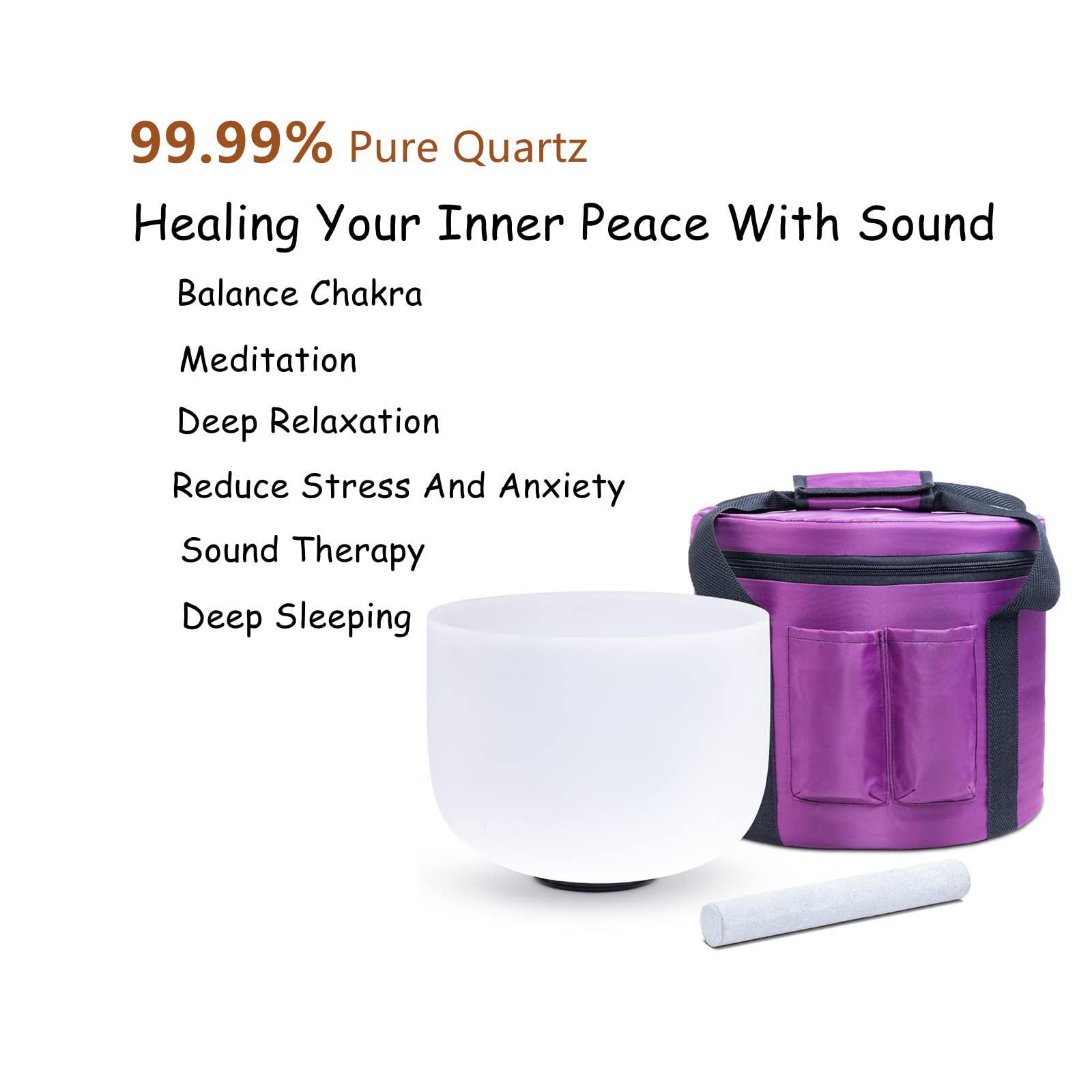 KVKA 8 Inch A Note Third Eye Chakra Frosted Quartz Crystal Singing Bowl with Carrying Case, Suede Striker, Singing Bowl for Sound Healing Meditation Therapy