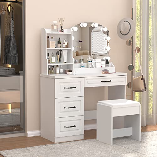 Vabches Makeup Vanity Desk with Lights and 4 Drawers, White Vanity Set Makeup Table Lots Storage, 3 Lighting Colors, Large Size 39.4in(L), White-L