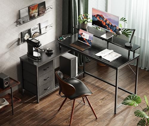 Huuger Reversible L Shaped Computer Desk with Drawers, Gaming Desk with LED Lights and Power Outlets, Office Desk with Storage Shelves, for Home & Office, Black
