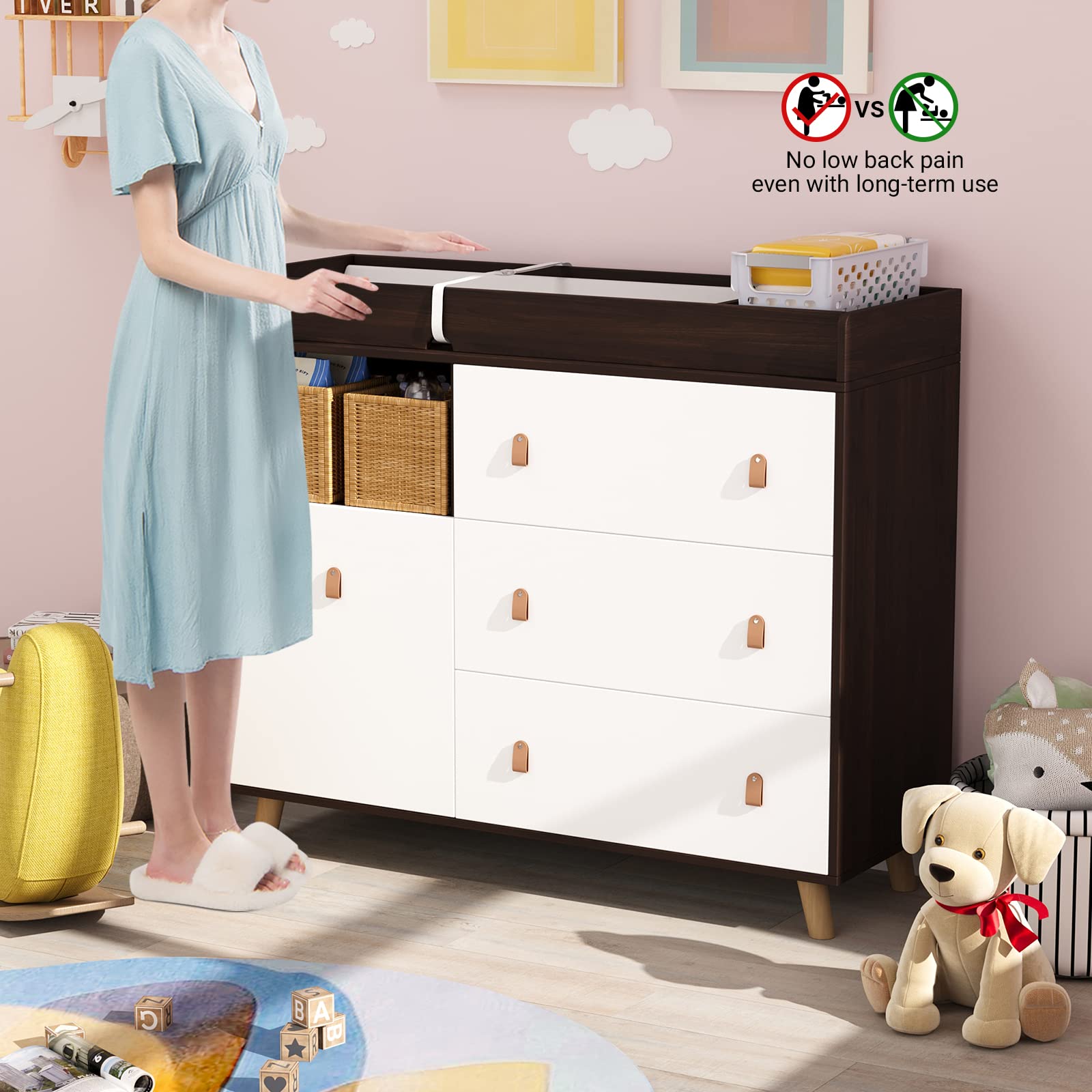 Timechee Baby Changing Table Dresser, Modern Nursery Changing Dresser Chest with 3 Drawers & 1 Shelf, Diaper Changing Pad, Storage Changing Dresser (Brown)
