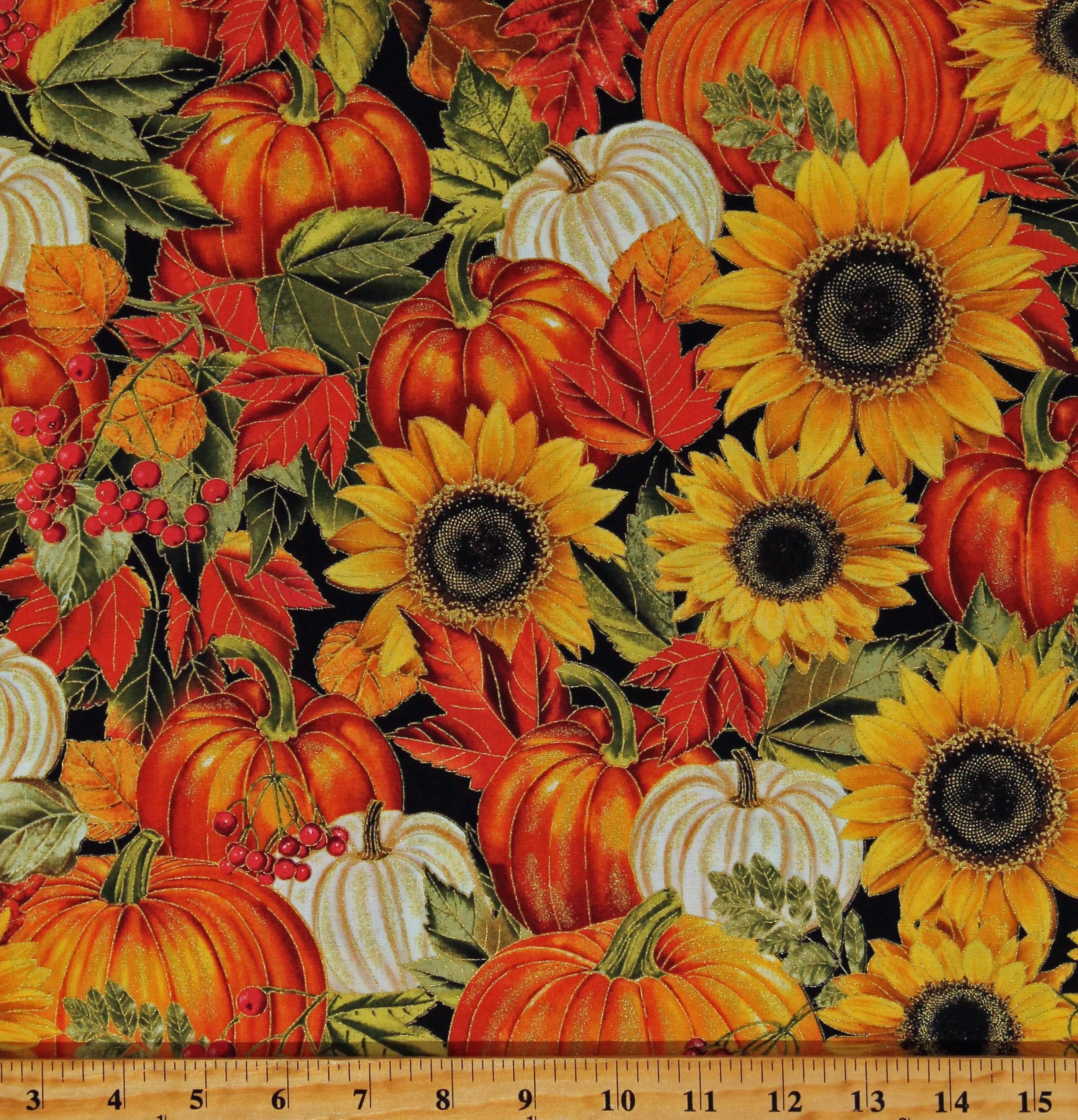 Timeless Treasures Cotton Sunflowers Fall Leaves Pumpkins Harvest Floral Metallic Gold Accents Cotton Fabric Print by The Yard (HARVEST-CM2801-AUTUMN)