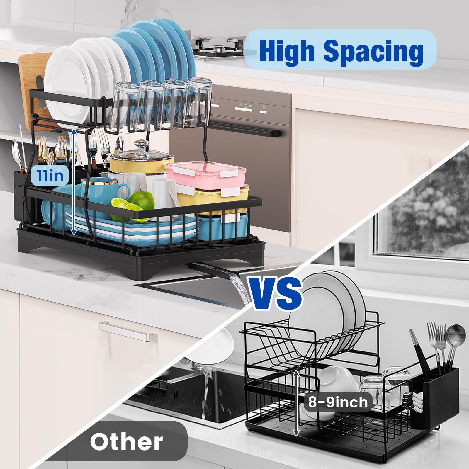 IVMAIE 2 Tier Dish Drying Rack, Auto-Drain Dryer Racks with 270° Rotating Spout, Stainless Steel Large Dish Drainers with Drainboard, Utensil Holder, Cutting Board Holder for Kitchen Counter, Black
