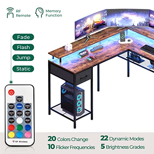 Huuger L Shaped Desk Computer Desk with LED Lights & Power Outlets, Gaming Desk with Storage Shelves, Corner Desk Home Office Desk, Rustic Brown