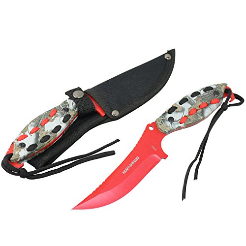 HUNT-DOWN 8" Red Hunting Knife With Woodland Camo Handle and Black Red paracord