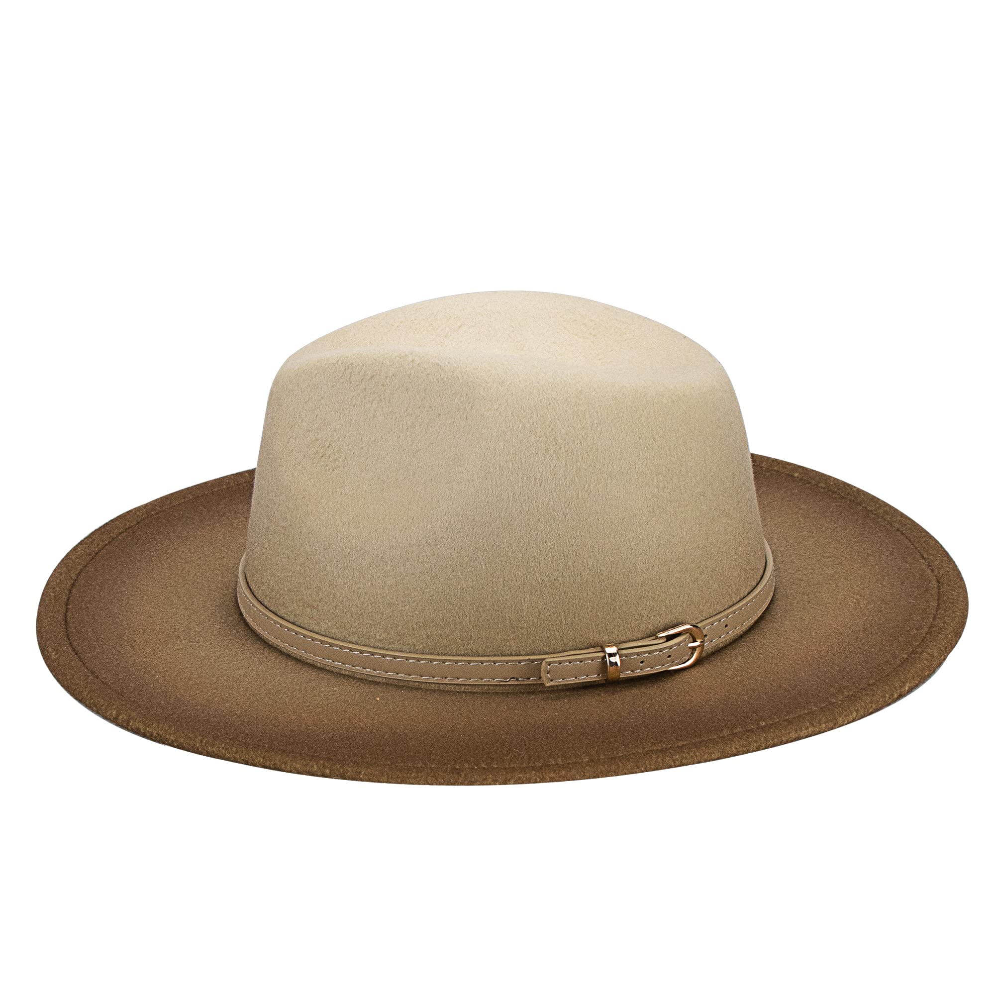 INOGIH Women Belt Buckle Fedora Hat Wide Brim Felt Hat Retro Gradient Panama Two Tone (Khaki, Medium)