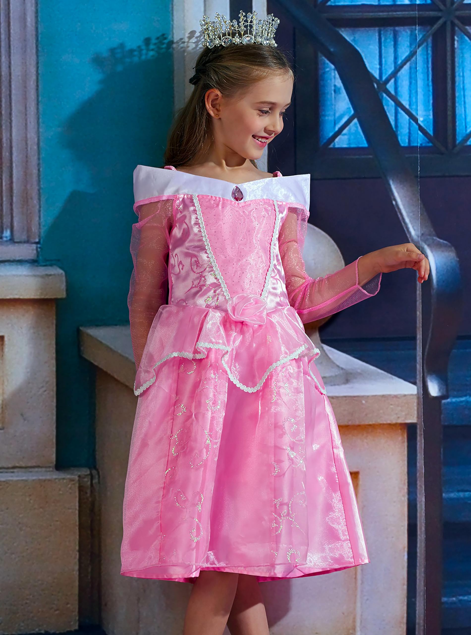 IKALI Girls Princess Dress up Costume Halloween Cosplay Pink Party Dress