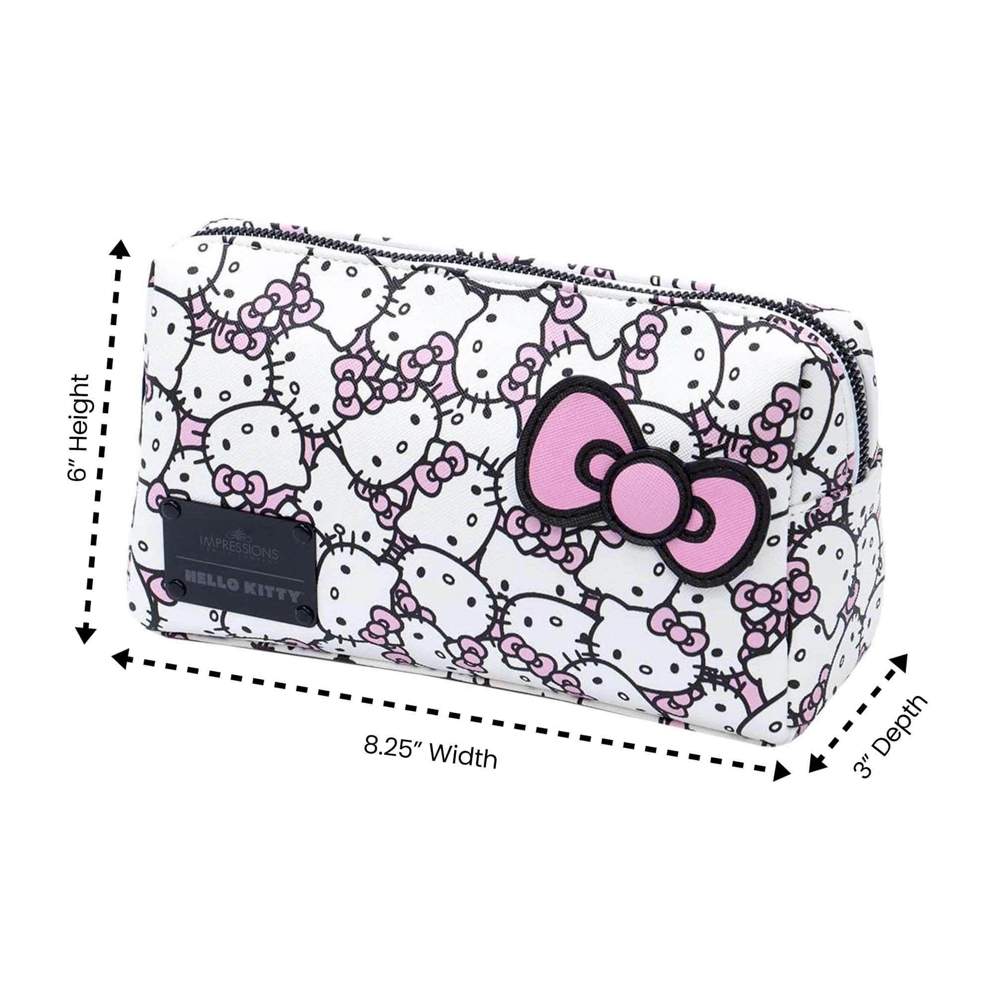Impressions Vanity Hello Kitty Cosmetic Pouch with Waterproof Faux Leather, Zippered Bag For Travel Size Toiletries, Makeup Bag Organizer With Inside Pocket With Extra Slip Pocket (White/Pink)