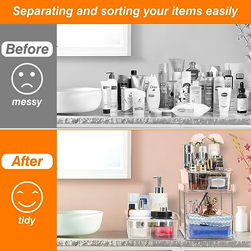 JUPELI 2 Tier Clear Bathroom Organizer with Dividers, Multi-Purpose Pull-Out Pantry Organization and Storage, Under Sink Closet Organizers and Storage, Vanity Skincare Cosmetic Organizer Medicine Bins