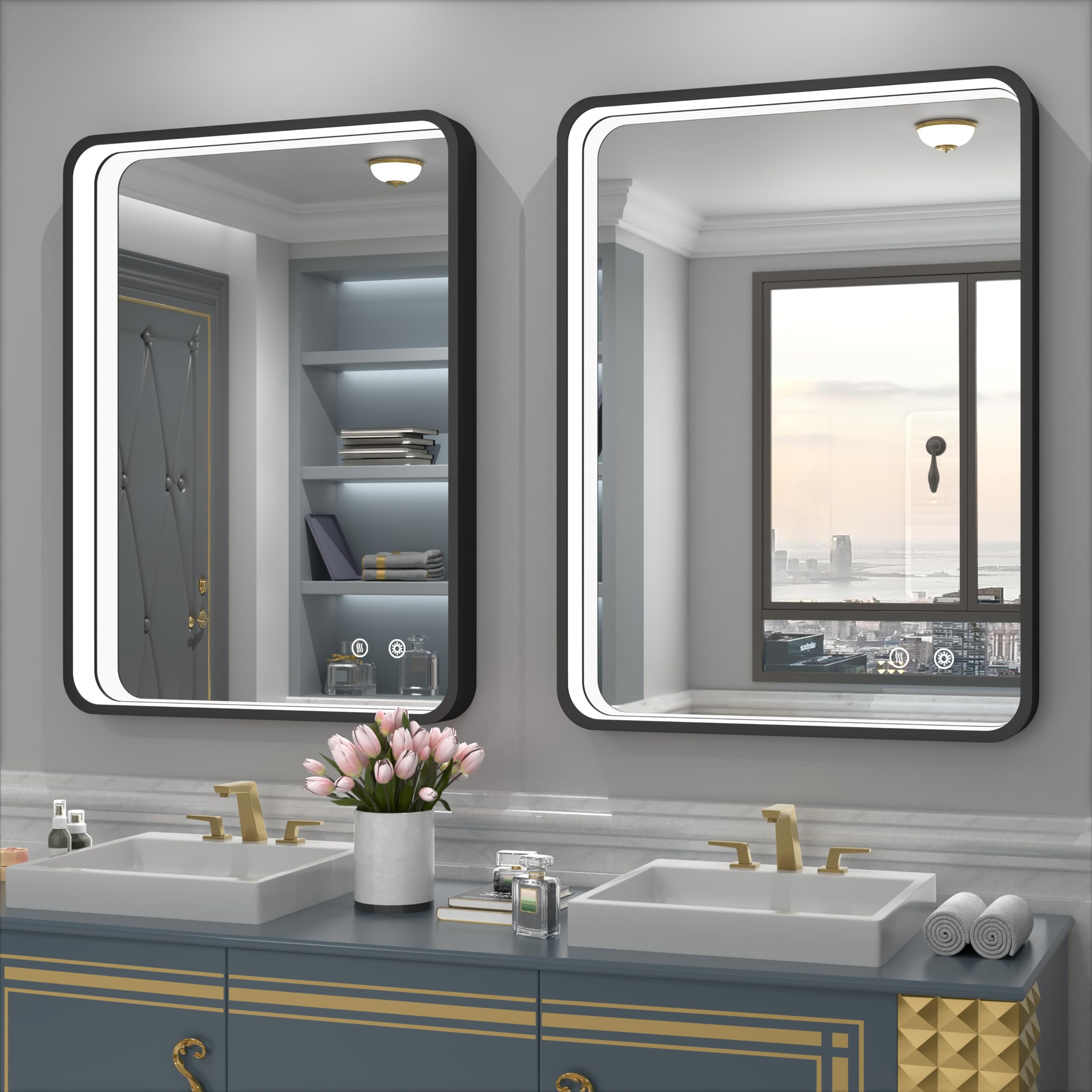 JSneijder 2-Piece(Frameless+Framed) Bathroom LED Mirror, 24x32 Inch, Wall Mounted Anti Fog Dimmable Lighted Mirror for Bedroom
