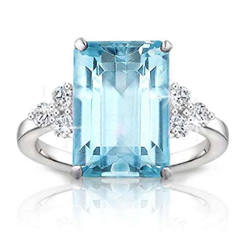 IVY & BAUBLE Large Emerald Cut Simulated Gemstone Aquamarine Color Wedding Party Cocktail Ring for Women in Rhodium Plating, Size 5