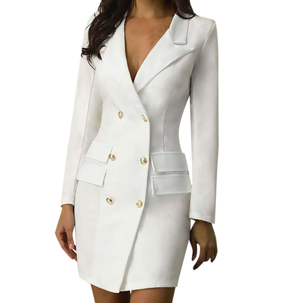 Keepfit Suit Dress for Business Women, Solid Stand Collar Long Sleeve Dress Double Breasted Slim Fit Dress for Work White