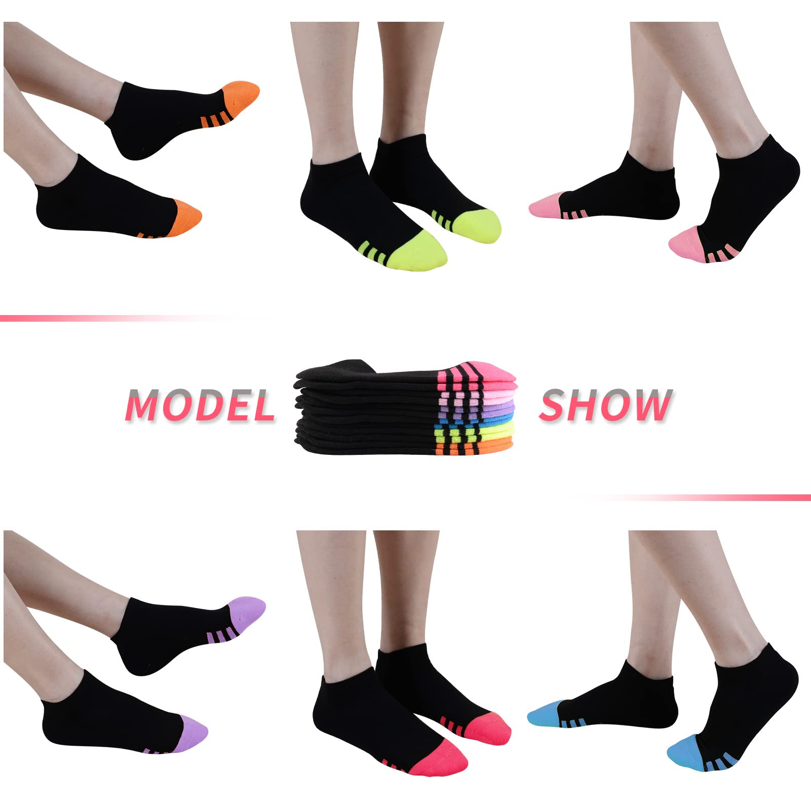 JOYNÉE Womens Athletic Ankle Sports Running Low Cut Tab Cushioned Socks 6 Pack,Black,Sock Size 9-11