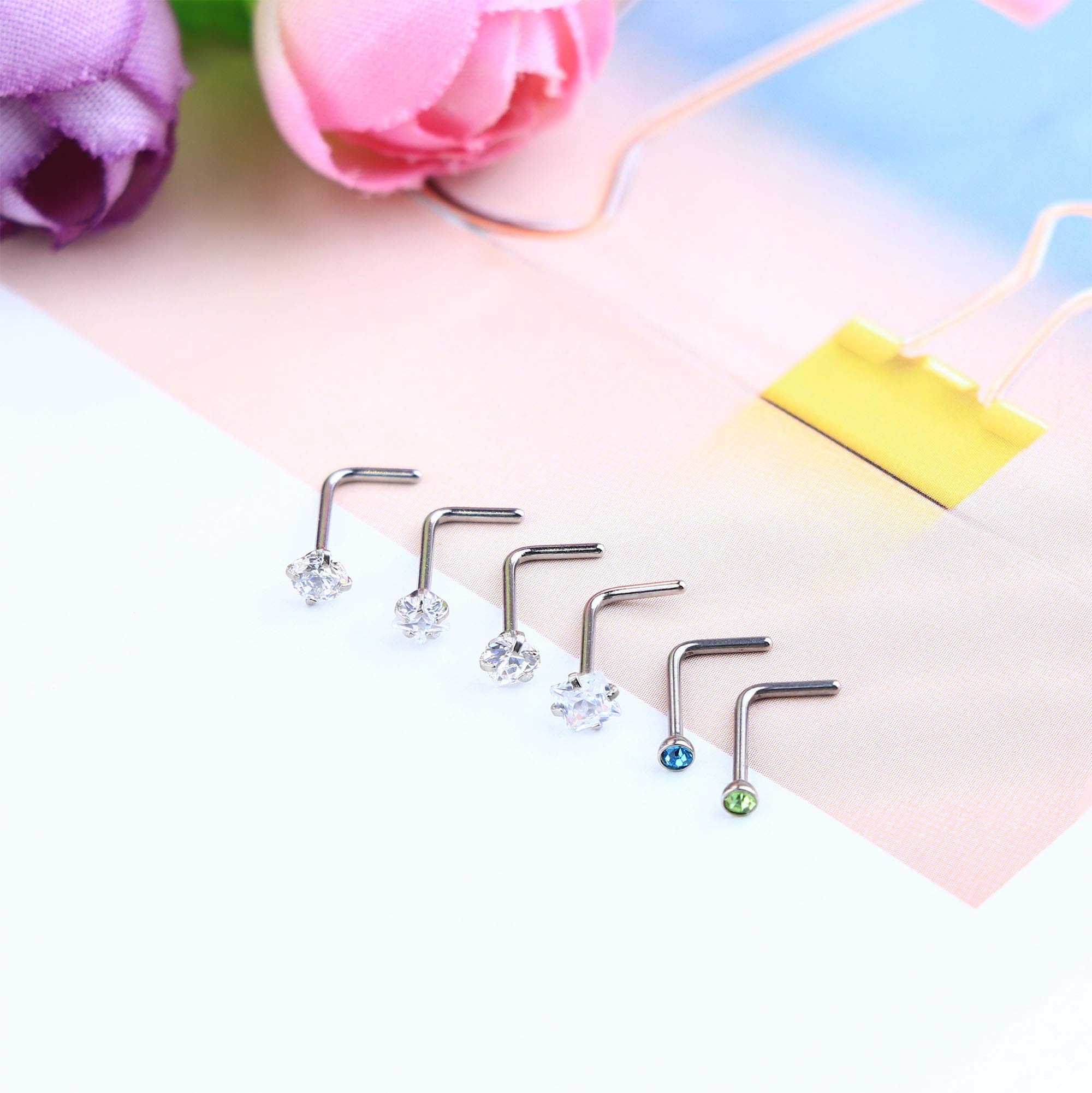 Jstyle 50Pcs 18G 20G L Shape Nose Studs Nose Ring Stud Stainless Steel Nose Piercings for Men Women CZ Clear Nose Stud Set L