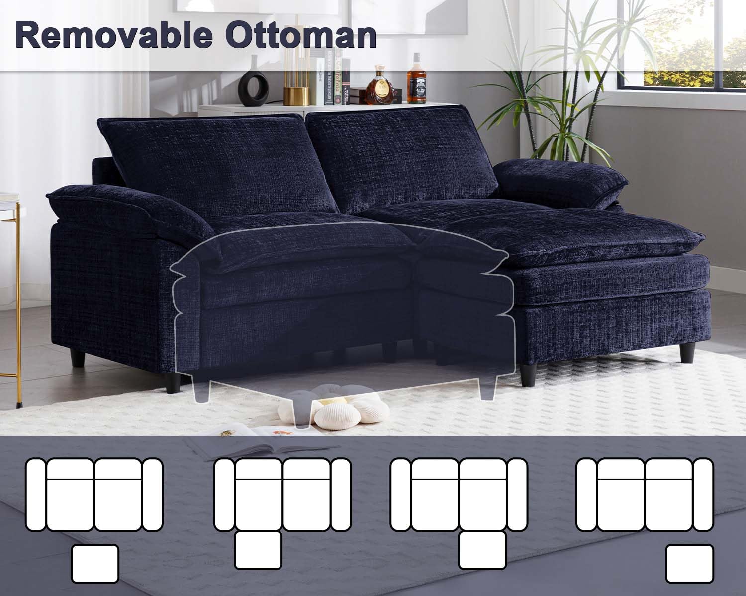 Suheww Cloud Sofa sectional Modular Loveseat Sofa couches, 86.6" Modern 2-Seat Convertible Loveseat Sofa with Ottoman, Comfy L-Shaped Extra Deep Seat Sofa Couch for Living Room Apartment(Blue