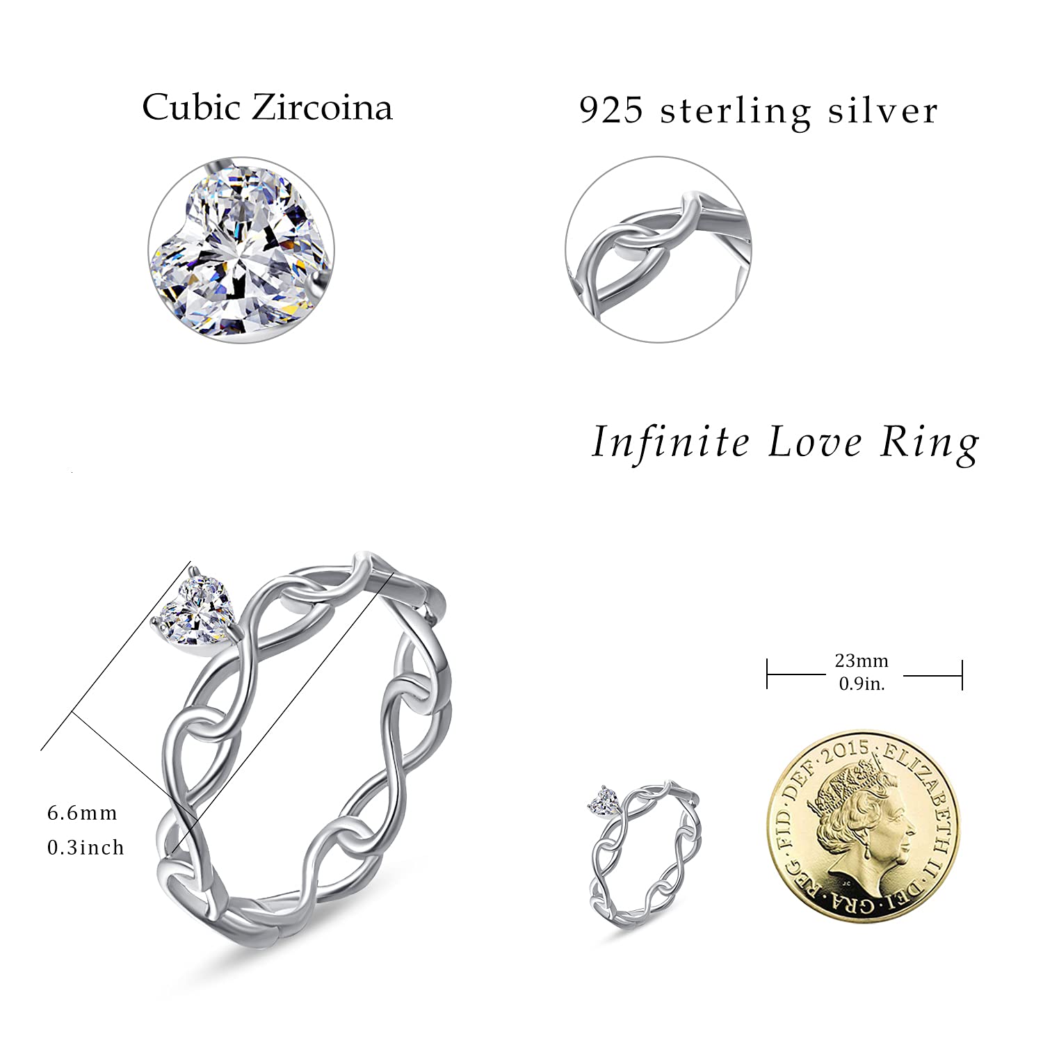 KINGWHYTE S925 Sterling Silver Ring Infinity Love Heart Rings Simple Band Rings for Women Size 7-9 (9)