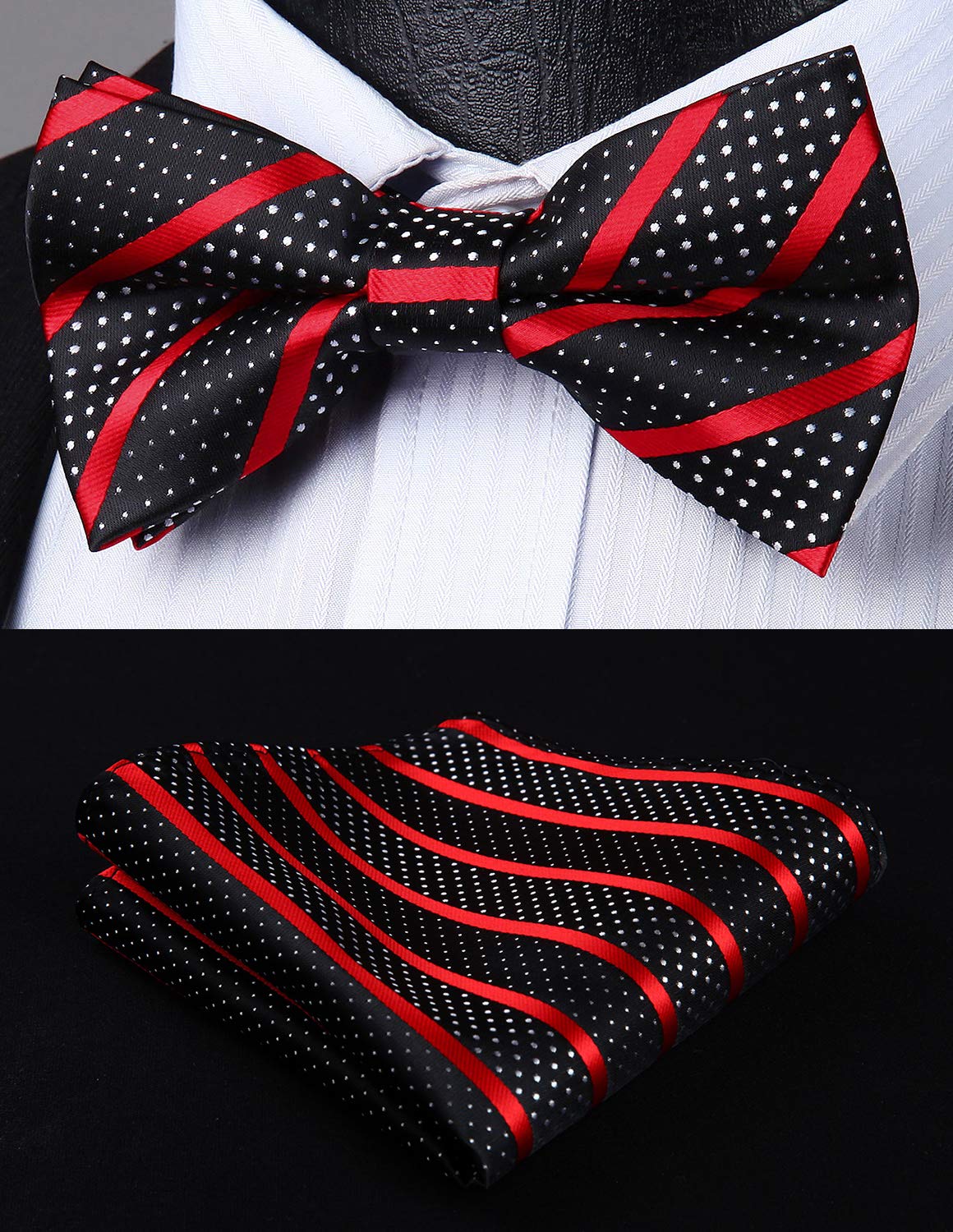 HISDERN Bow Tie and Suspenders for Men Red Striped Suspender and Bowtie Handkerchief Set Adjustable Y Shape 6 Clips Wedding Brace