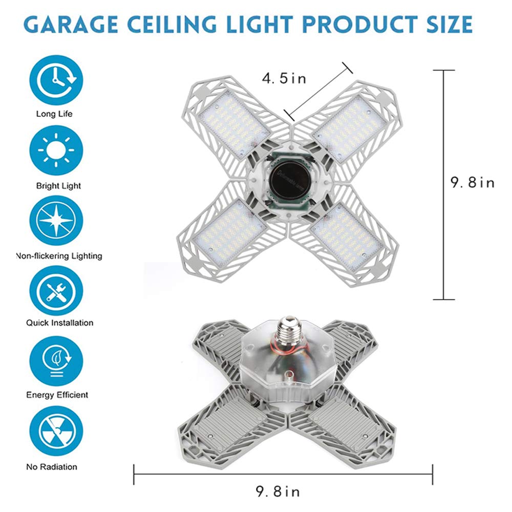 ISKYDRAW 2 Pack LED Garage Light 150W,4 Panels 15000lm Deformable Garage Ceiling Shop Light Fixture Quadruple Glow Adjustable Garage Lighting Bulb E26/E27,Led Light for Garage,Warehouse,Workshop,Barn