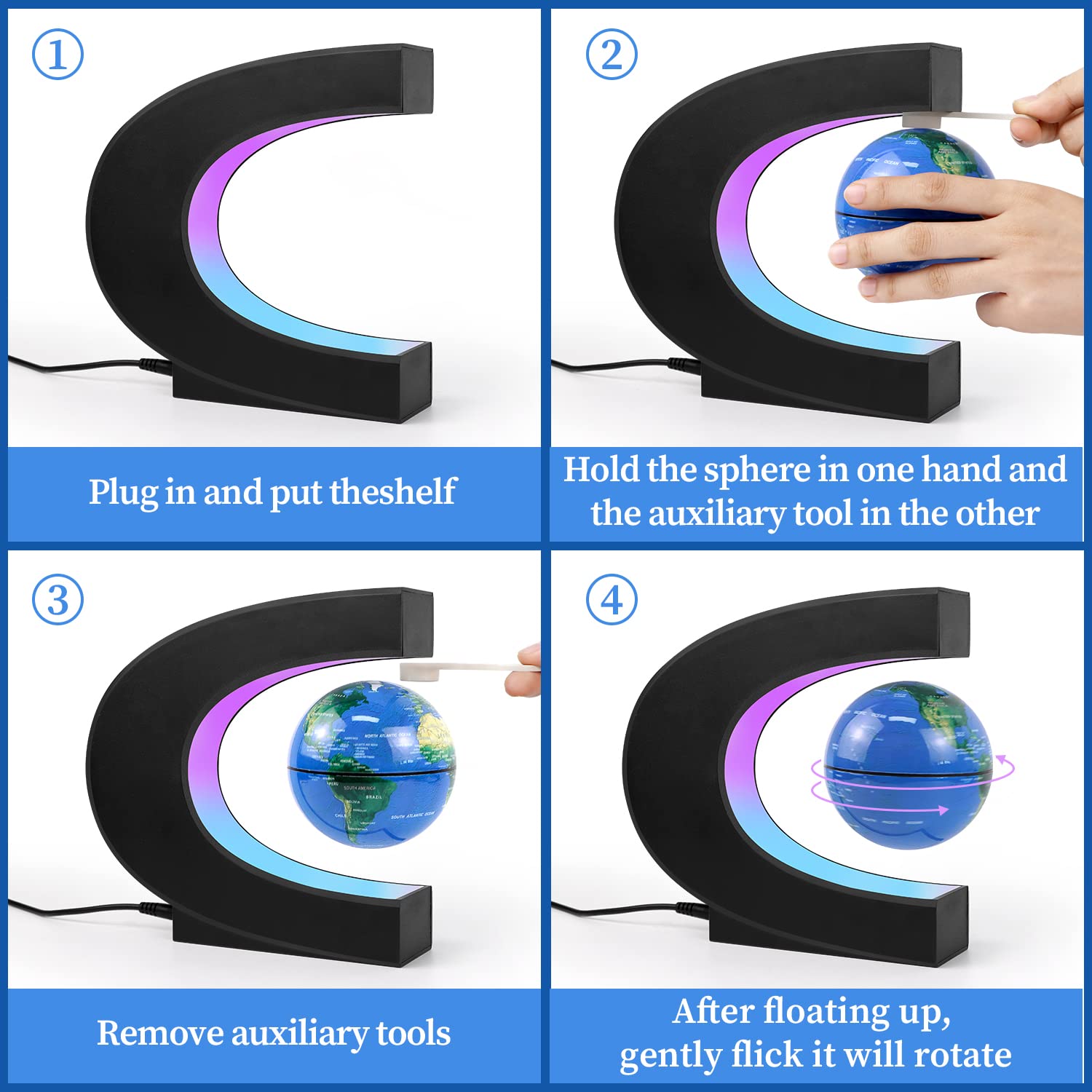 JOWHOL Magnetic Floating Globe with LED Lights, 24-Hours Auto-Rotating levitating Globe, Perfect Cool Gift for Men, Kids, Home Office, Desk Decoration, Education Teaching Demo(Blue)
