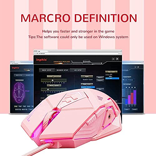 INPHIC Pink Gaming Mouse. USB optical wired mouse. RGB backlight. 4 Levels adjustable DPI up to 4800. Silent click, ergonomic and 7 programmable buttons design. PC Gaming Mice for Windows System.