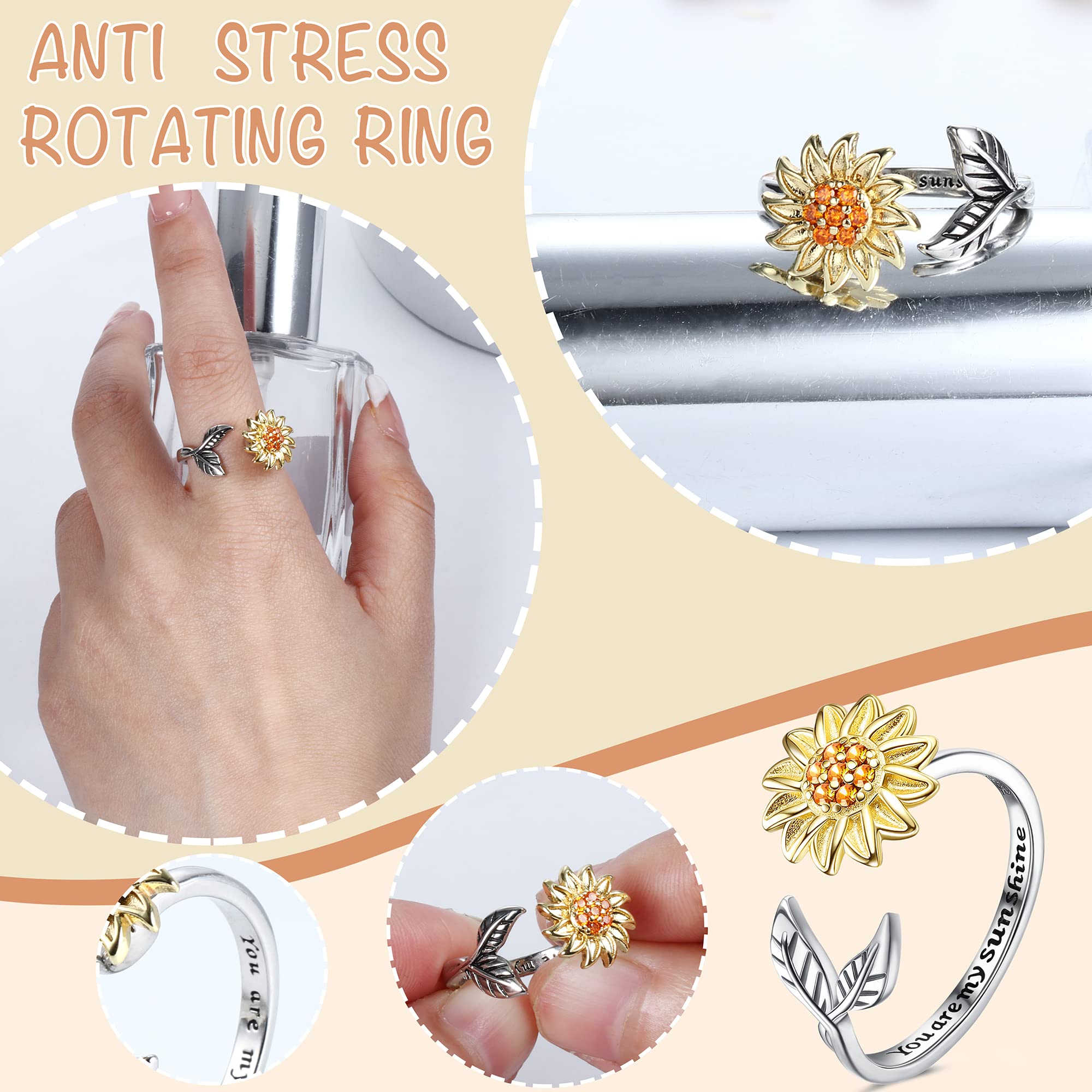 Jstyle Fidget Anxiety Rings for Women Adjustable Open Ring Set Spinner Rings for Anxiety Flower Cubic Zirconia Bead Moon Star Stress Relief Stackable Rings 4Pcs