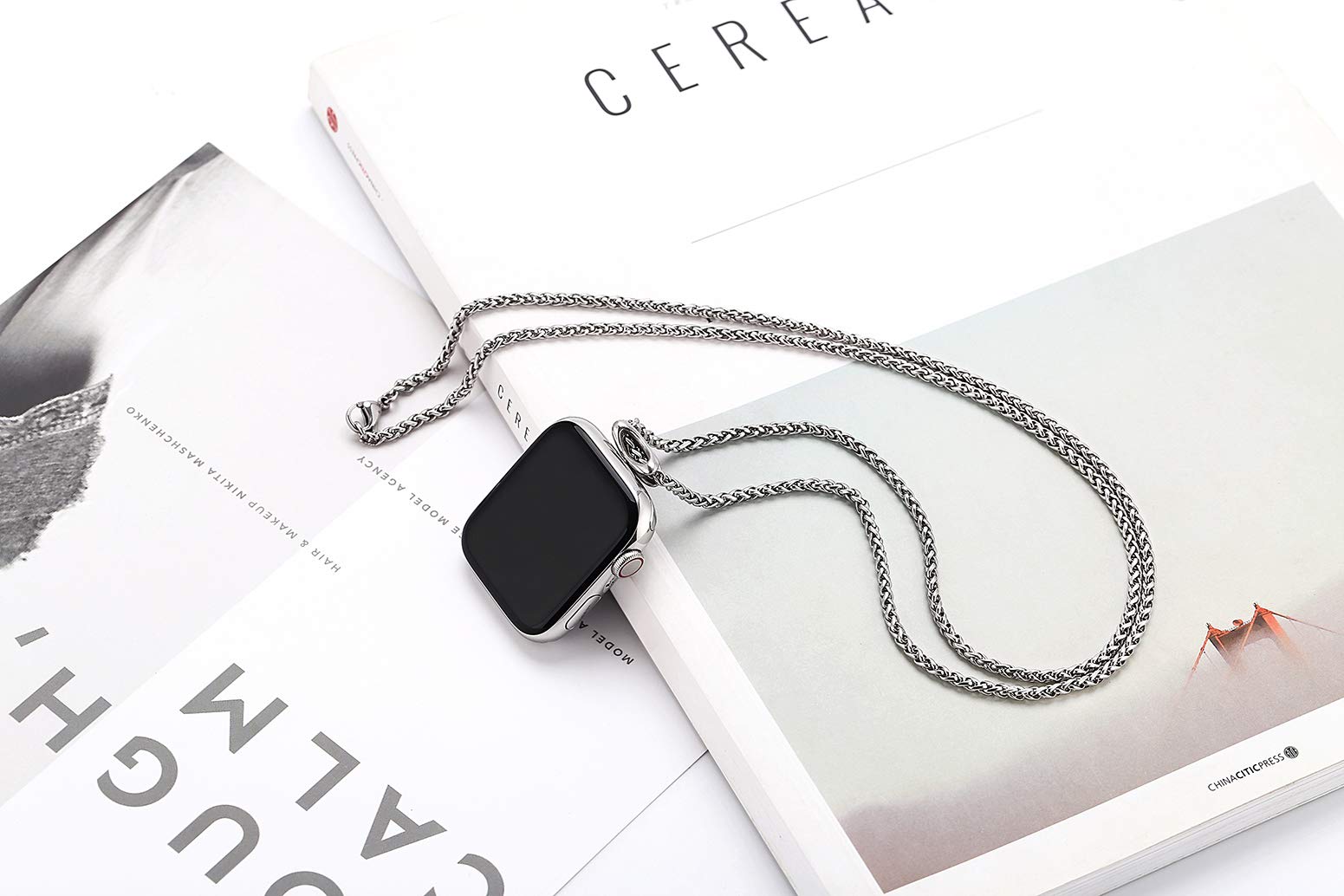 HiPai Necklace Adapter Pendant Compatible with Apple Watch, Infinity & Double Loop Connector Comes with 32inch Stainless Rollo Wheat Chain 3mm for iWatch Series 9/8/7/6/5/4/SE/Ultra 2/Ultra