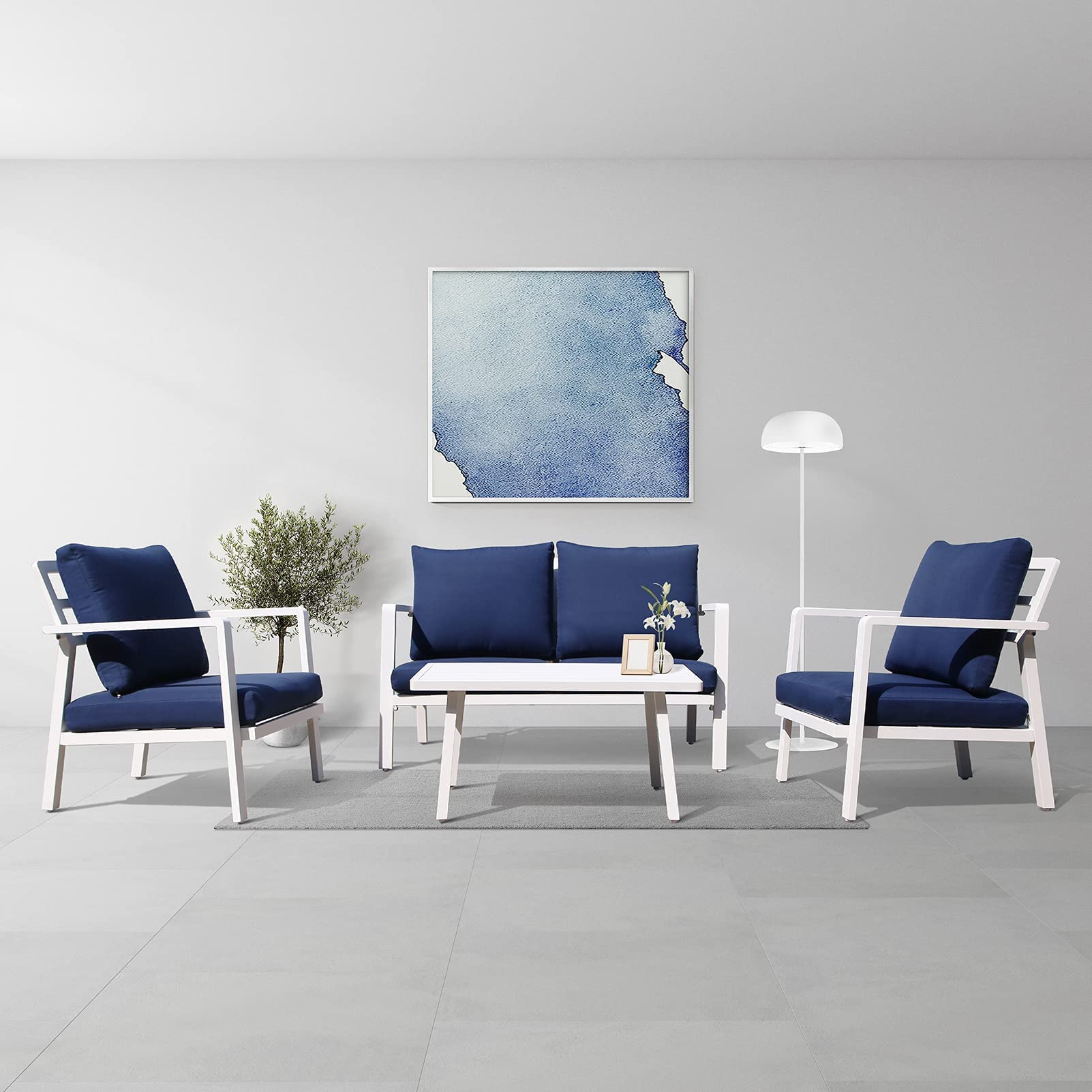 HL 4 Piece Patio Outdoor Furniture Sets Aluminum Frame Cushioned Conversation Set with Coffee Table, Modern Chat Set for Home and Backyard (Blue)
