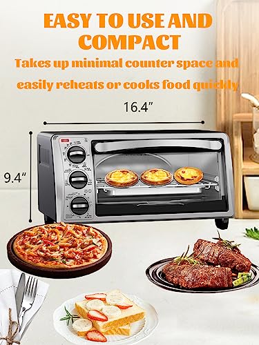 Toaster Oven 4 Slice Countertop - Pizza Oven with Timer, Convection Oven fits a 9 Inch Pizza, for Bake, Broil, Toast, Includes Baking Pan and Rack, Stainless Steel, Silver