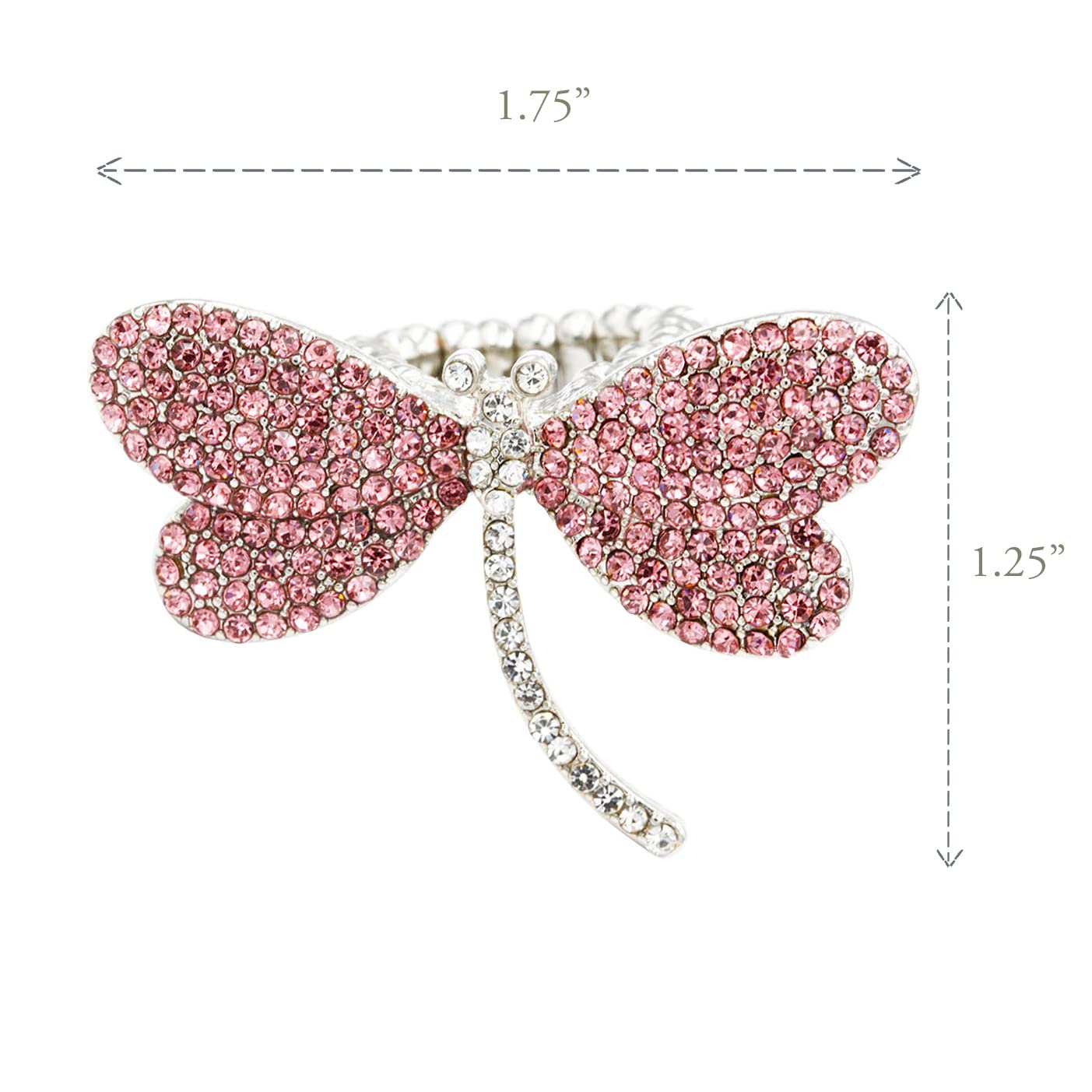 Lavencious Dragonfly Design Rhinestone Stretch Statement Ring for Women Size for 7-9(Silver Pink)