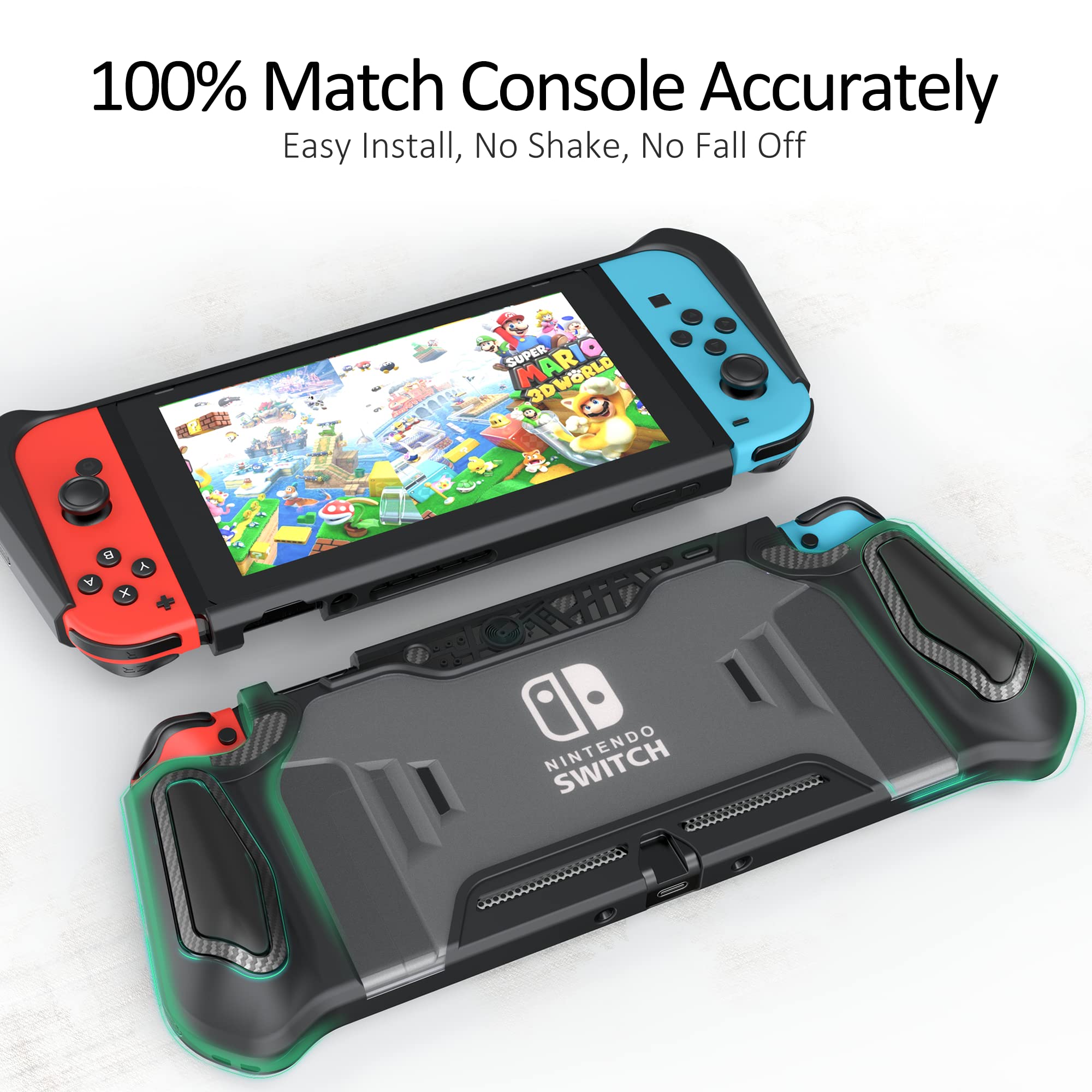 LEYUSMART Switch Case (Ergonomic/Full Protection/Shock-Absorption/Anti-Scratch) Gift Glass Screen Protector & Thumb Caps, Nintendo Switch Case Black