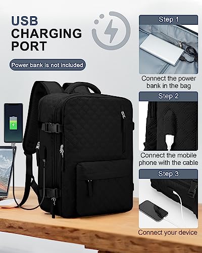 Travel Carry On Backpack for Women, Waterproof Laptop Backpack for Traveling on Airplane Hiking Gym Backpack with USB Charging Port Shoe Compartment, Black
