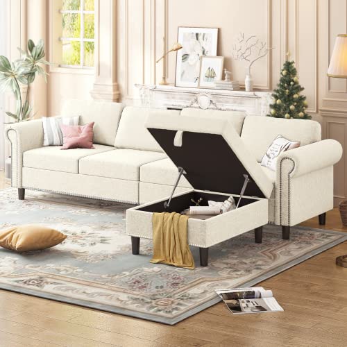 ZAFLY Convertible Sectional Sofa Couch with Movable Storage Ottoman, Linen 4 Seat L Shape Couch with Reversible Chaise, Living Room Sets for Office, Apartment (Beige)