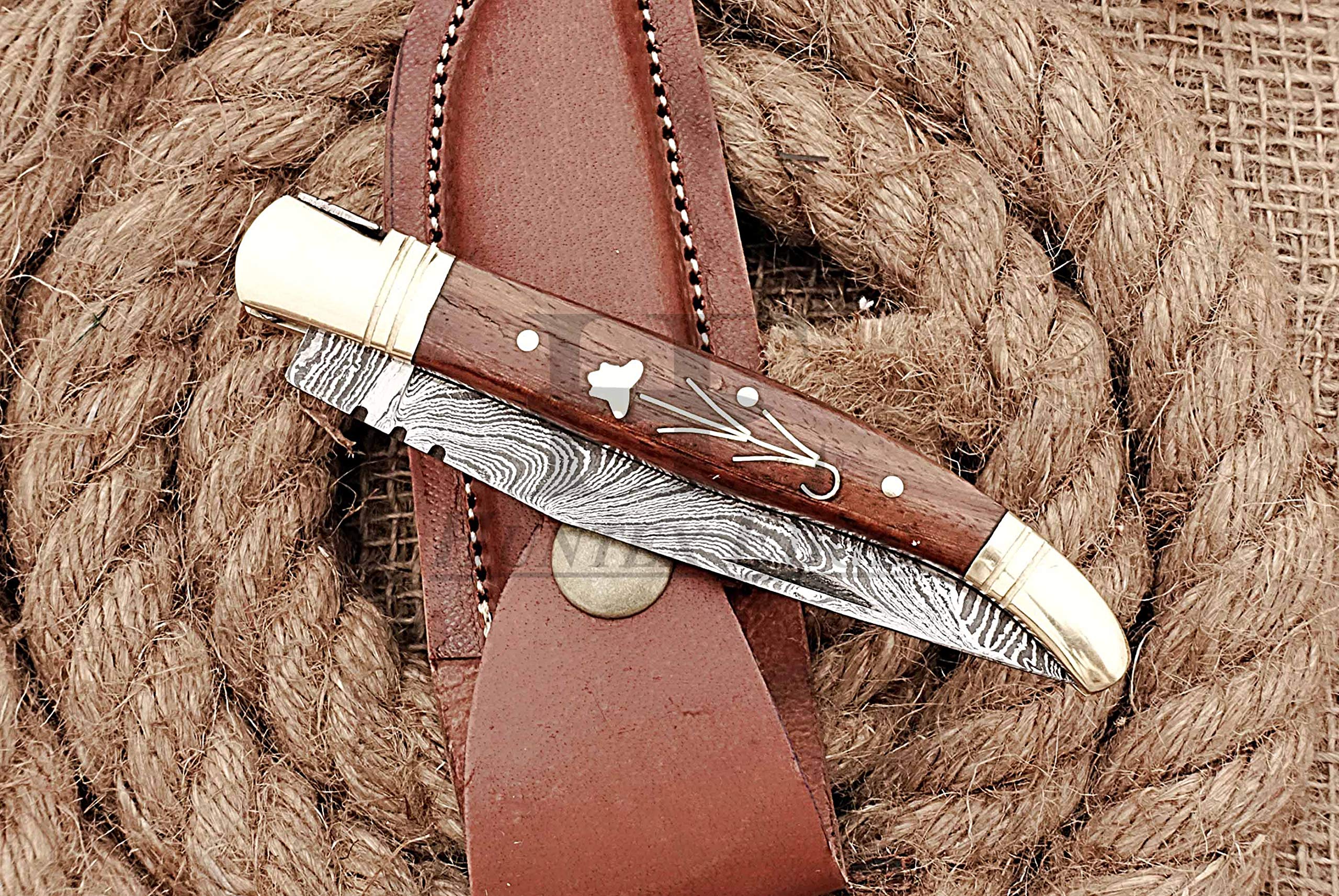 HUNTEX Custom Handmade Hand-Forged Twist Pattern Damascus Steel 4 Inch Long Natural Rosewood Handle Razor Sharp Hunting Camping Folding Pocket French Lagouli Knife with Genuine Leather Pouch