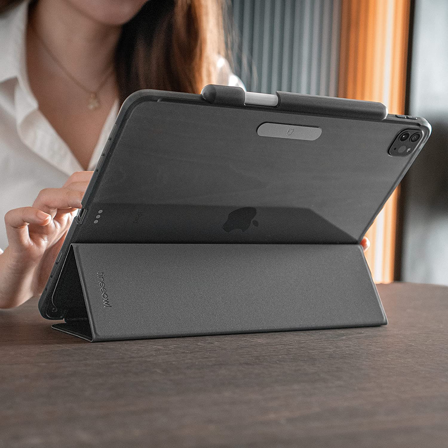 TineeOwl Mocha iPad Pro 11 inch Case 2022, 2021, 2020, 2018 (4th, 3rd, 2nd, 1st Generation) Ultra Slim Clear Case with Pencil Holder + Tri-fold Stand Cover, Lightweight (Frosted Black/Clear Back)