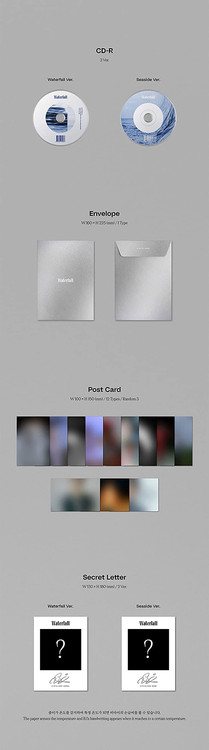 iKON B.I Waterfall 1st Full Album Waterfall Version CD+1p Folding Poster On Pack+96p PhotoBook+3p Postcard+1p Selfie PhotoCard+1p Sticker+1p Secret Letter+Tracking