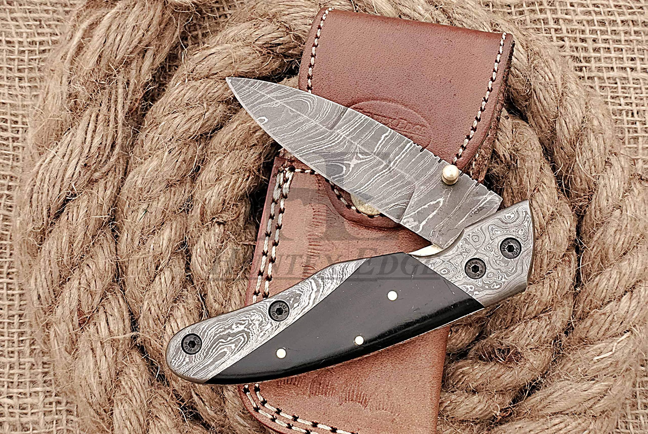 HUNTEX Custom Handmade Hand-Forged Twist Pattern Damascus Steel 4 Inch Long Natural Walnut Wood Handle Razor Sharp Hunting Folding Pocket Spear Knife with Pocket Clip & Genuine Leather Pouch
