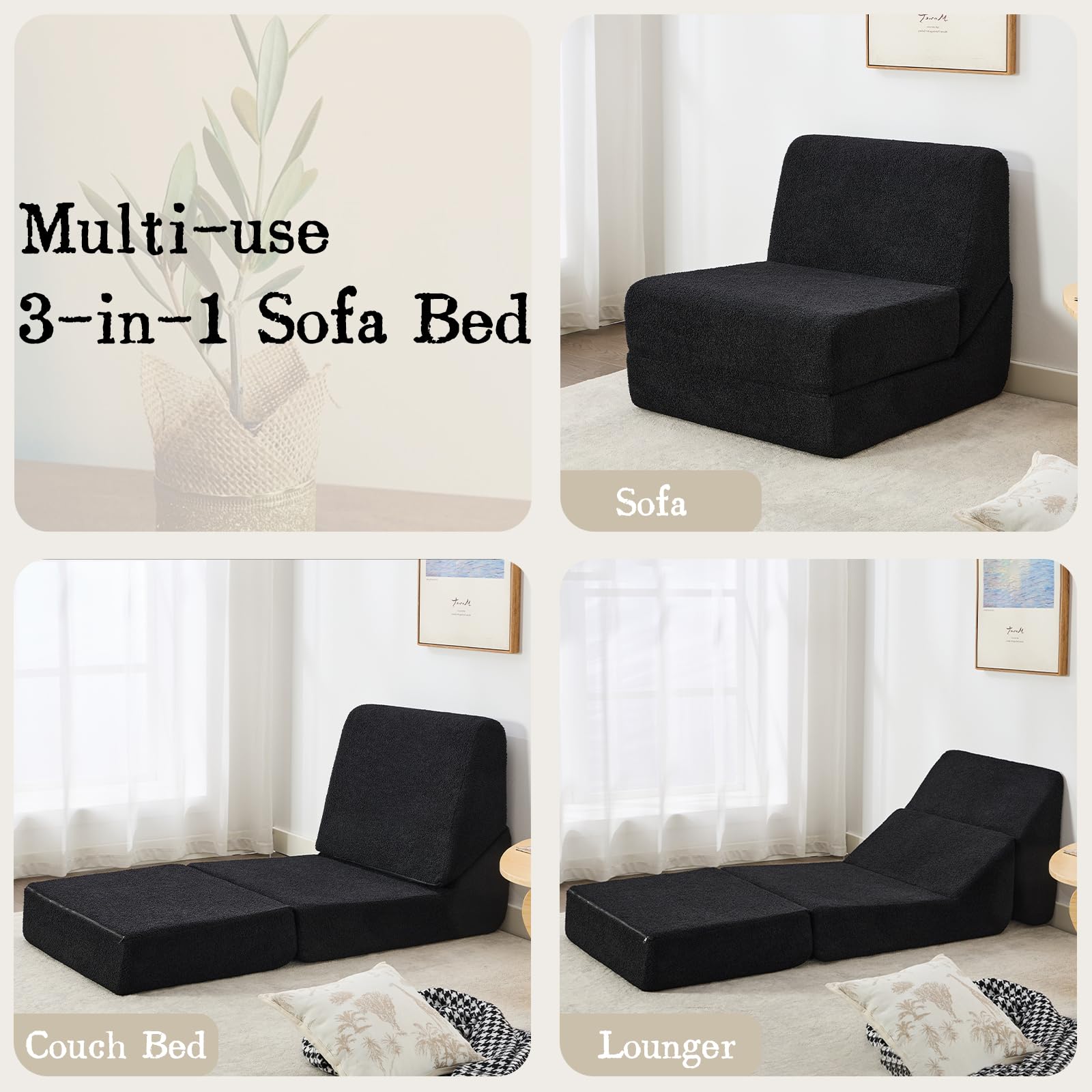 SUKIDA Folding Couch Convertible Sofa Bed Lounger Folding Sleeper Sofa Floor Lazy Sofa, High-Density Memory Foam Sleeper for Living Room Bedroom Guest Room Home Office Playroom