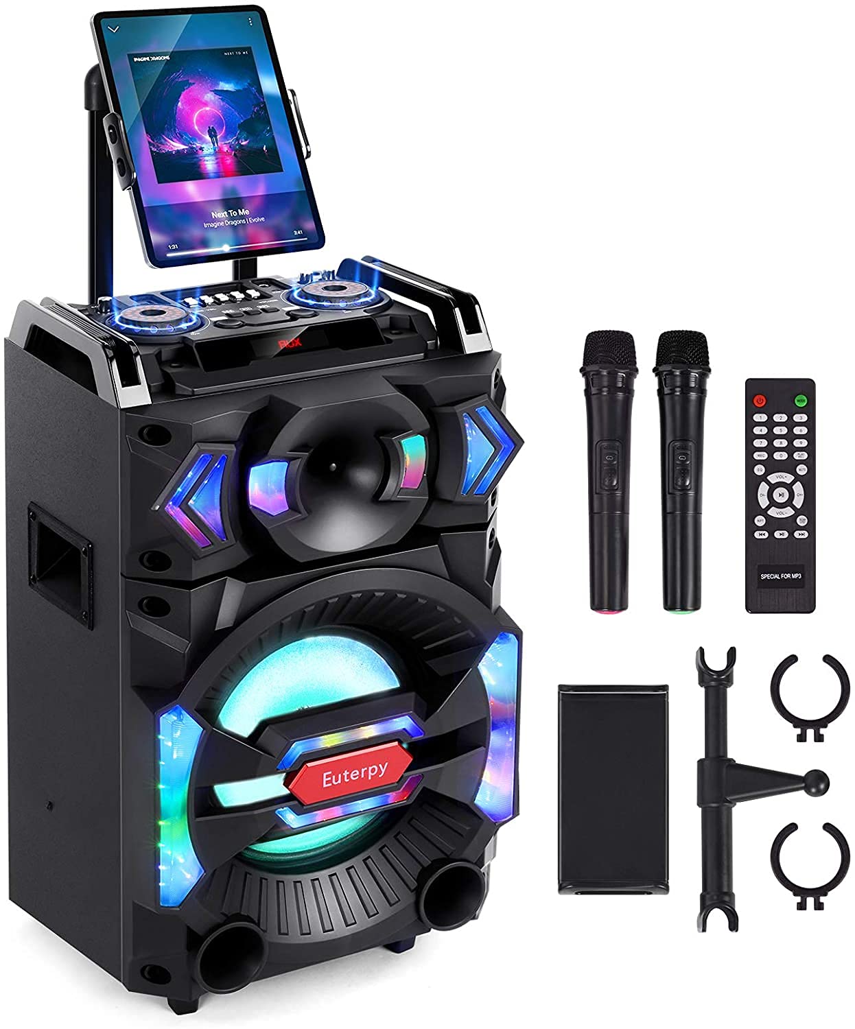 Karaoke Machine for Adults, Portable PA System Bluetooth Speaker with 10'' Subwoofer, 2 Wireless Microphones+DJ Light+iPad Stand, for Home Karaoke Singing, Party, Meeting, Class and Church