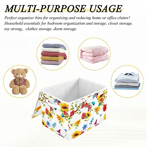 Sunflowers Pomegranate Storage Bins with Lids for Organizing Lidded Home Storage Bins with Handles Oxford Cloth Storage Cube Box for Bed Room