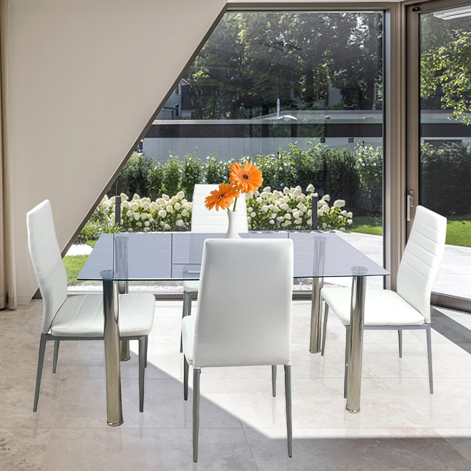 HomVent Dining Table Set for 4, Small Tempered Glass Dining Room Table Set, Kitchen Table and Chairs for Small Spaces, Transparent,White Modern 110cm, Stainless Steel PU Leather