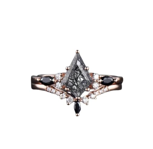 kite cut Black rutilated quartz ring rose gold silver engagement ring set for women ring marquise cut black spinel promise ring (ROSE GOLD, 6)