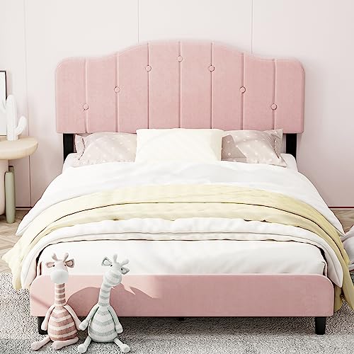 IKIFLY Velvet Upholstered Full Size Bed Frame - Button Tufted Full Platform Bed with Adjustable Headboard, Solid Wood Slats Support, No Box Spring Needed, Easy Assembly - Pink